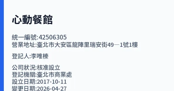 心動餐館的照片-統編 42506305(臺北市) 公司登記資料與營業項目詳細圖表
