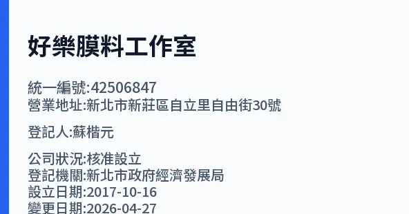 好樂膜料工作室的照片-統編 42506847(新北市) 公司登記資料與營業項目詳細圖表