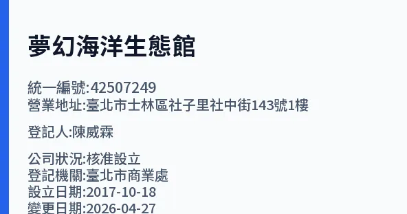 夢幻海洋生態館的照片-統編 42507249(臺北市) 公司登記資料與營業項目詳細圖表