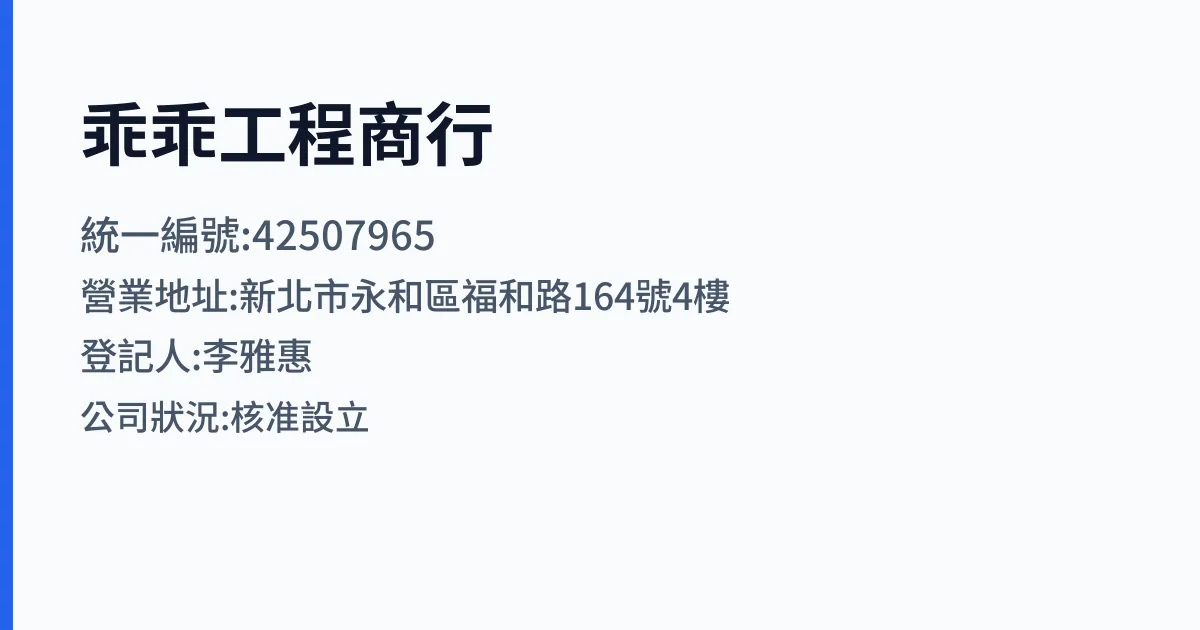 乖乖工程商行 - 統編 42507965(新北市) 公司登記資料與營業項目詳細圖表