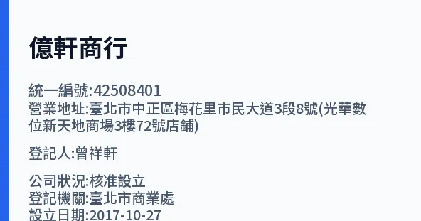 億軒商行的照片-統編 42508401(臺北市) 公司登記資料與營業項目詳細圖表