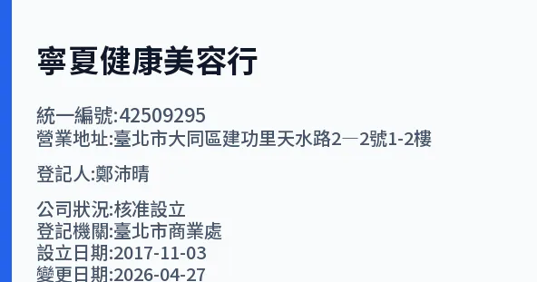 寧夏健康美容行的照片-統編 42509295(臺北市) 公司登記資料與營業項目詳細圖表