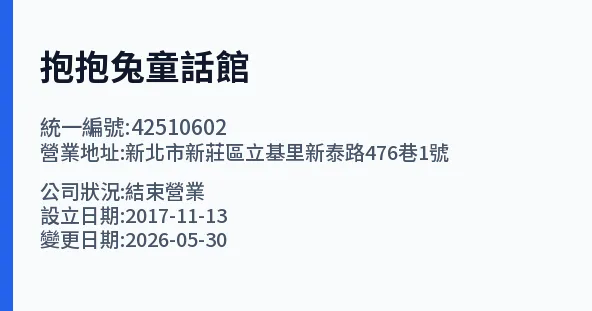 抱抱兔童話館的照片-統編 42510602(新北市) 公司登記資料與營業項目詳細圖表