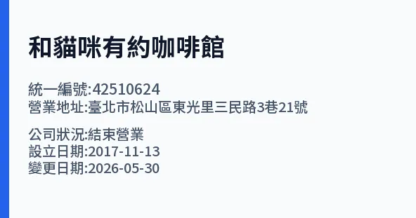 和貓咪有約咖啡館的照片-統編 42510624(臺北市) 公司登記資料與營業項目詳細圖表