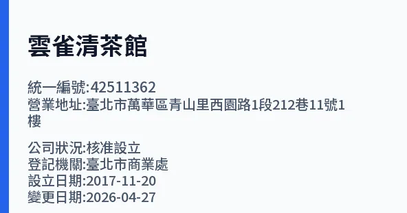 雲雀清茶館的照片-統編 42511362(臺北市) 公司登記資料與營業項目詳細圖表