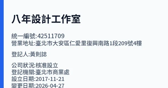 八年設計工作室的照片-統編 42511709(臺北市) 公司登記資料與營業項目詳細圖表