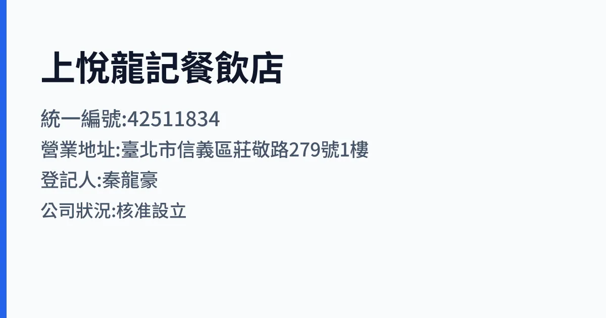 上悅龍記餐飲店 - 統編 42511834(臺北市) 公司登記資料與營業項目詳細圖表