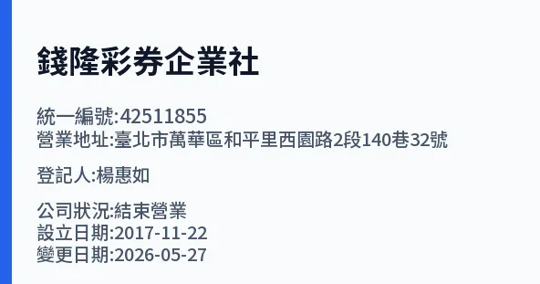 錢隆彩券企業社的照片-統編 42511855(臺北市) 公司登記資料與營業項目詳細圖表