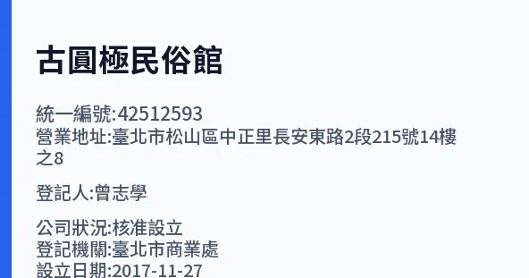 古圓極民俗館的照片-統編 42512593(臺北市) 公司登記資料與營業項目詳細圖表