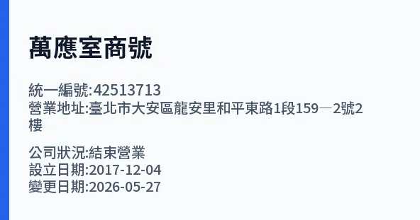 萬應室商號的照片-統編 42513713(臺北市) 公司登記資料與營業項目詳細圖表
