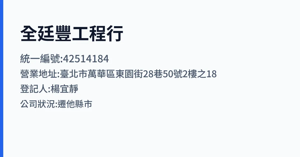 全廷豐工程行 - 統編 42514184(新北市) 公司登記資料與營業項目詳細圖表