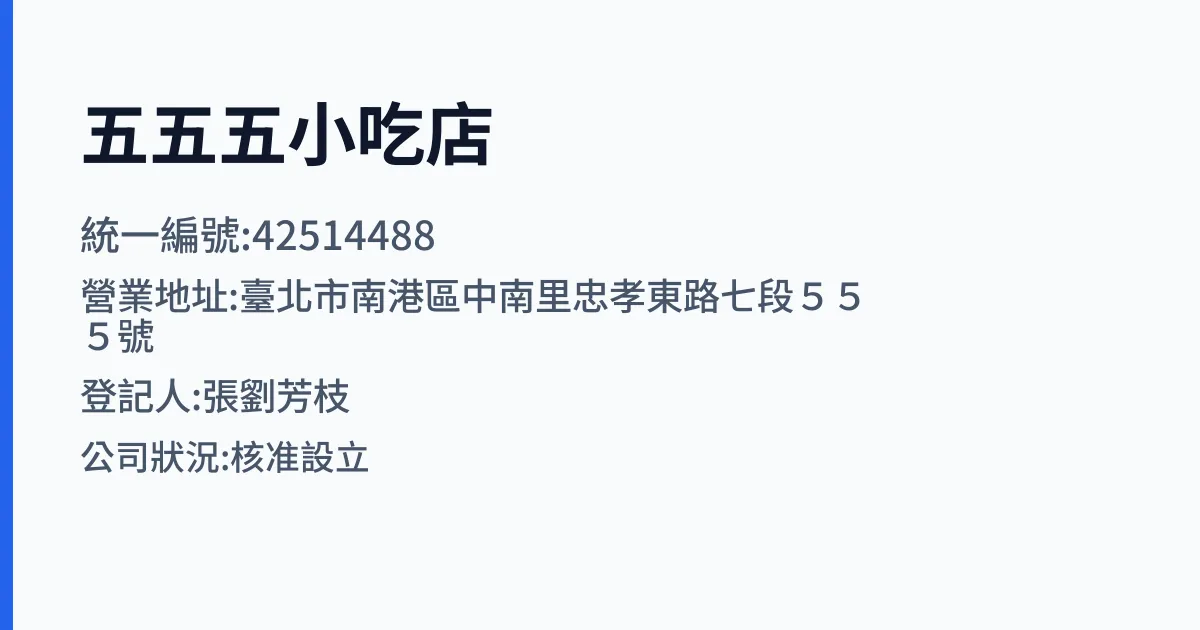 五五五小吃店 - 統編 42514488(臺北市) 公司登記資料與營業項目詳細圖表