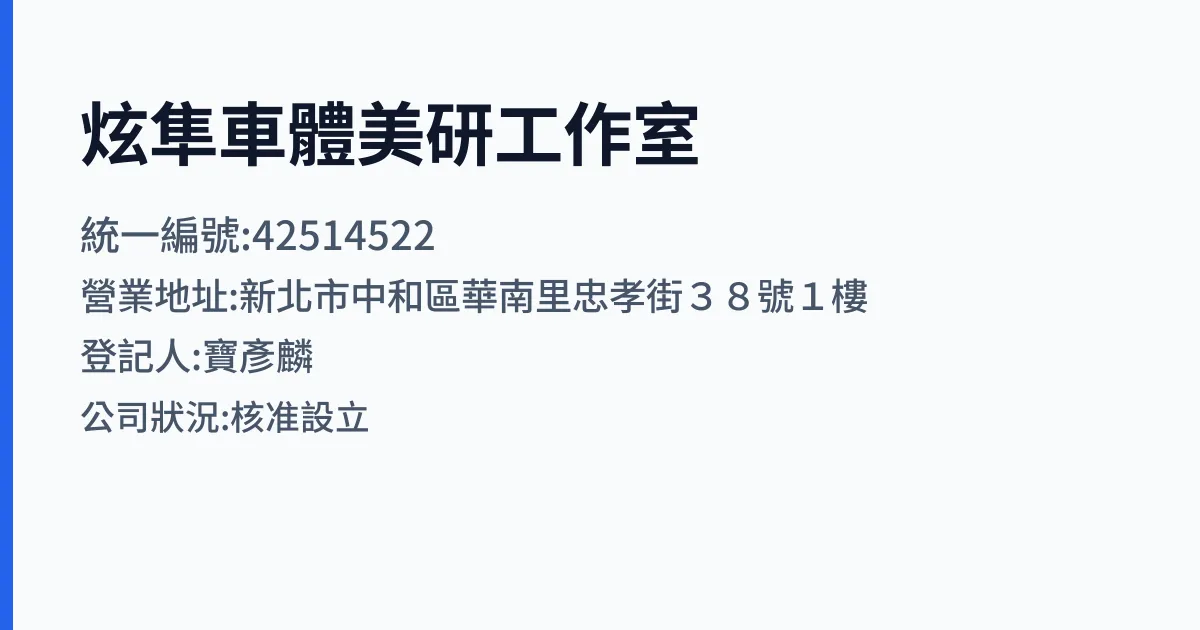 炫隼車體美研工作室 - 統編 42514522(新北市) 公司登記資料與營業項目詳細圖表