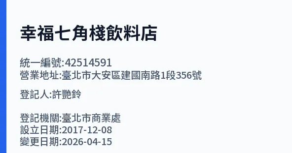 幸福七角棧飲料店的照片-統編 42514591(臺北市) 公司登記資料與營業項目詳細圖表