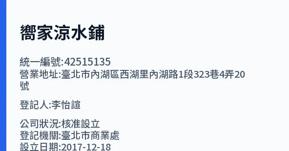 嚮家涼水鋪的照片-統編 42515135(臺北市) 公司登記資料與營業項目詳細圖表