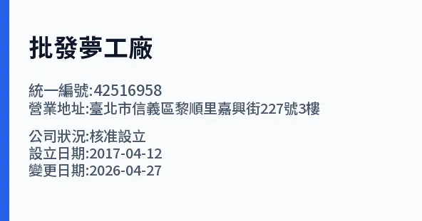 批發夢工廠的照片-統編 42516958(臺北市) 公司登記資料與營業項目詳細圖表