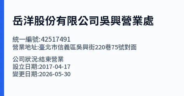 岳洋股份有限公司吳興營業處的照片-統編 42517491(臺北市) 公司登記資料與營業項目詳細圖表