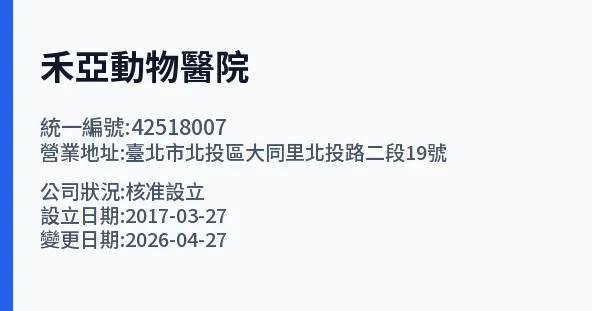 禾亞動物醫院的照片-統編 42518007(臺北市) 公司登記資料與營業項目詳細圖表