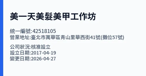 美一天美髮美甲工作坊的照片-統編 42518105(臺北市) 公司登記資料與營業項目詳細圖表