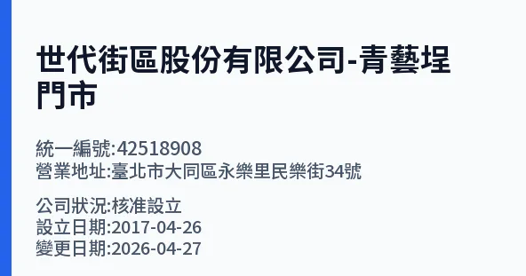 世代街區股份有限公司-青藝埕門市的照片-統編 42518908(臺北市) 公司登記資料與營業項目詳細圖表