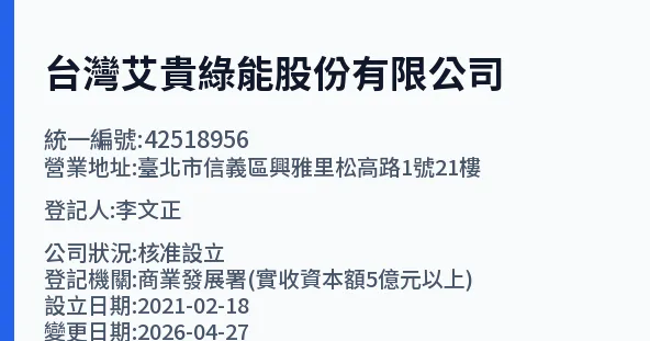 台灣艾貴綠能股份有限公司的照片-統編 42518956(臺北市) 公司登記資料與營業項目詳細圖表