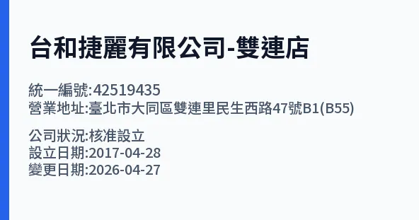 台和捷麗有限公司-雙連店的照片-統編 42519435(臺北市) 公司登記資料與營業項目詳細圖表