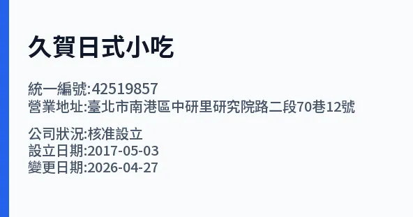 久賀日式小吃的照片-統編 42519857(臺北市) 公司登記資料與營業項目詳細圖表