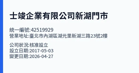 士竣企業有限公司新湖門市的照片-統編 42519929(臺北市) 公司登記資料與營業項目詳細圖表