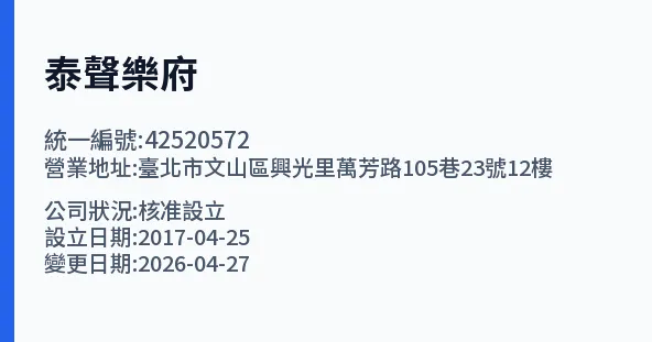 泰聲樂府的照片-統編 42520572(臺北市) 公司登記資料與營業項目詳細圖表