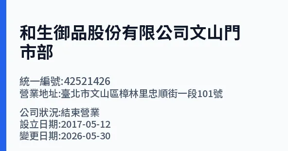 和生御品股份有限公司文山門市部的照片-統編 42521426(臺北市) 公司登記資料與營業項目詳細圖表