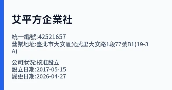 艾平方企業社的照片-統編 42521657(臺北市) 公司登記資料與營業項目詳細圖表