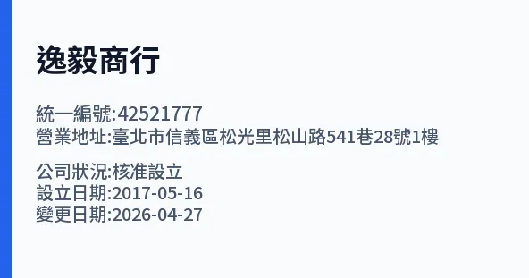 逸毅商行的照片-統編 42521777(臺北市) 公司登記資料與營業項目詳細圖表