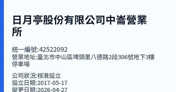 日月亭股份有限公司中崙營業所的照片-統編 42522092(臺北市) 公司登記資料與營業項目詳細圖表