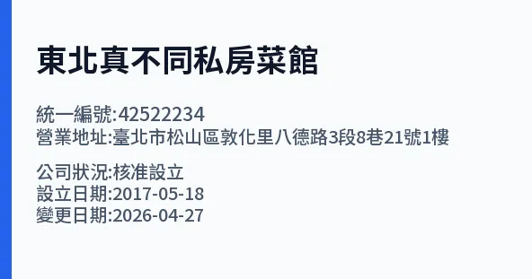 東北真不同私房菜館的照片-統編 42522234(臺北市) 公司登記資料與營業項目詳細圖表