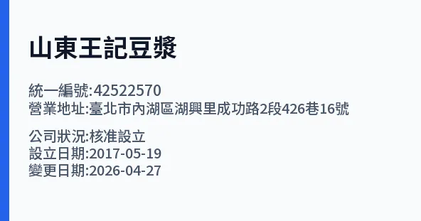 山東王記豆漿的照片-統編 42522570(臺北市) 公司登記資料與營業項目詳細圖表