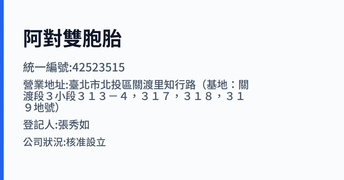 阿對雙胞胎 - 統編 42523515(臺北市) 公司登記資料與營業項目詳細圖表