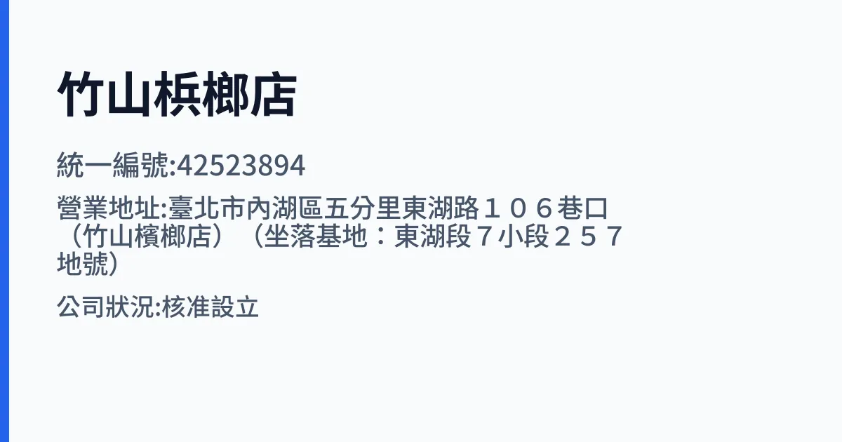 竹山梹榔店 - 統編 42523894（臺北市） 公司登記資料與營業項目詳細圖表