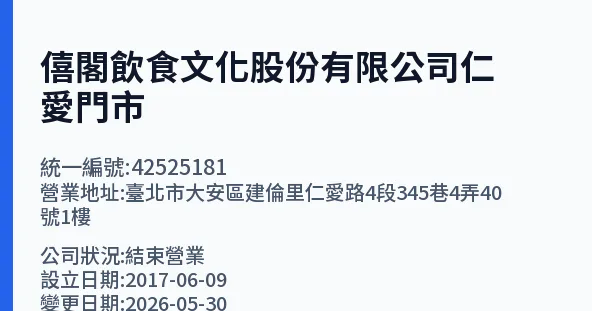 僖閣飲食文化股份有限公司仁愛門市的照片-統編 42525181(臺北市) 公司登記資料與營業項目詳細圖表