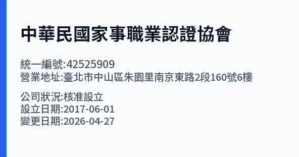 中華民國家事職業認證協會的照片-統編 42525909(臺北市) 公司登記資料與營業項目詳細圖表