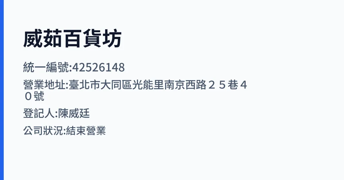 威茹百貨坊 - 統編 42526148(臺北市) 公司登記資料與營業項目詳細圖表
