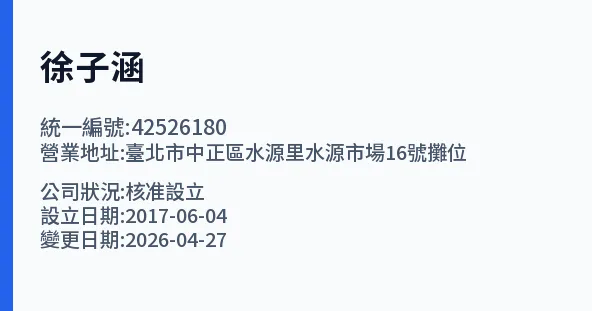 徐子涵的照片-統編 42526180(臺北市) 公司登記資料與營業項目詳細圖表