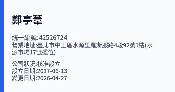 鄭亭葦的照片-統編 42526724(臺北市) 公司登記資料與營業項目詳細圖表