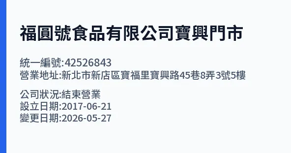 福圓號食品有限公司寶興門市的照片-統編 42526843(新北市) 公司登記資料與營業項目詳細圖表