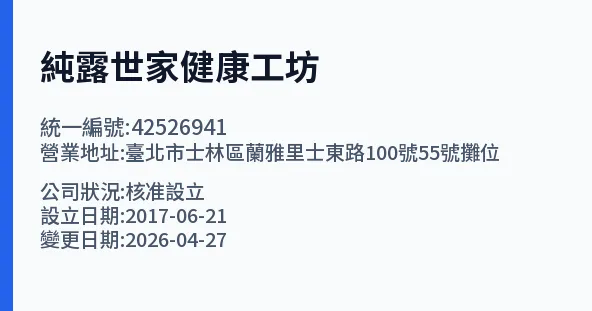 純露世家健康工坊的照片-統編 42526941(臺北市) 公司登記資料與營業項目詳細圖表