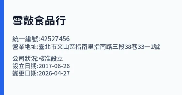 雪敲食品行的照片-統編 42527456(臺北市) 公司登記資料與營業項目詳細圖表
