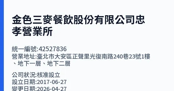 金色三麥餐飲股份有限公司忠孝營業所的照片-統編 42527836(臺北市) 公司登記資料與營業項目詳細圖表