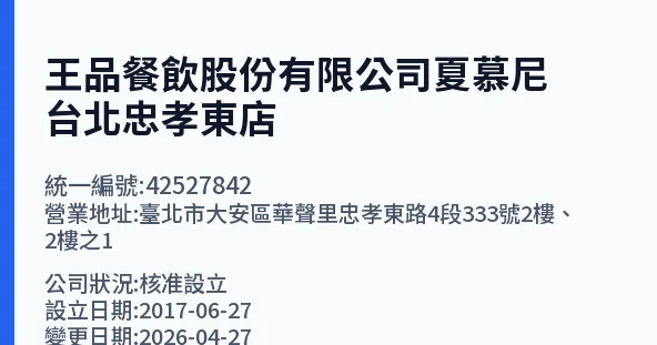王品餐飲股份有限公司夏慕尼台北忠孝東店的照片-統編 42527842(臺北市) 公司登記資料與營業項目詳細圖表