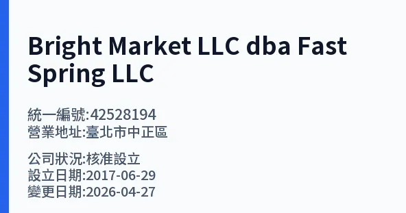 Bright Market LLC dba FastSpring LLC的照片-統編 42528194(臺北市) 公司登記資料與營業項目詳細圖表