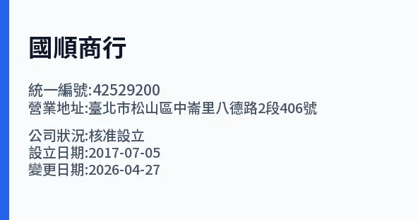 國順商行的照片-統編 42529200(臺北市) 公司登記資料與營業項目詳細圖表