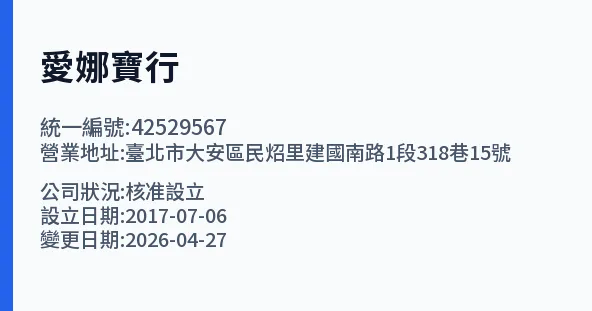 愛娜寶行的照片-統編 42529567(臺北市) 公司登記資料與營業項目詳細圖表
